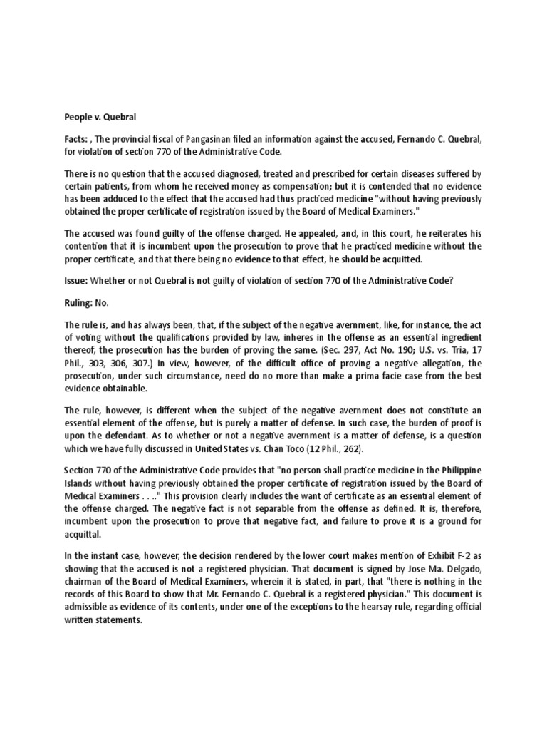 People v. Quebral - Docx - Digest | PDF | Burden Of Proof (Law) | Hearsay