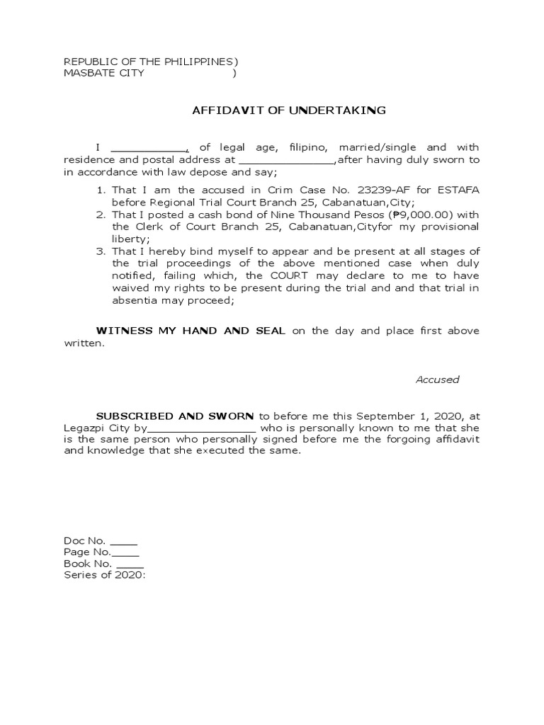Affidavit of Undertaking for Bail | PDF | Law