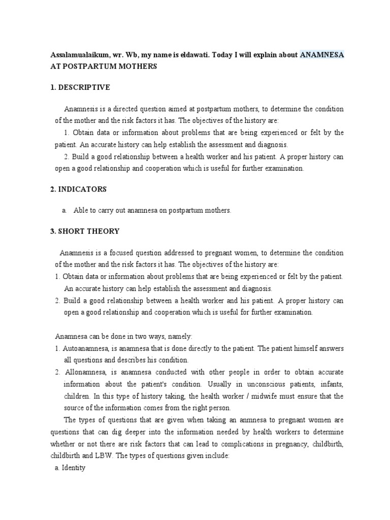 Postpartum Anamnesis Questions | PDF | Postpartum Period | Childbirth
