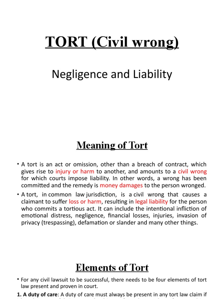TORT (Civil Wrong) : Negligence and Liability | PDF | Tort | Causation ...