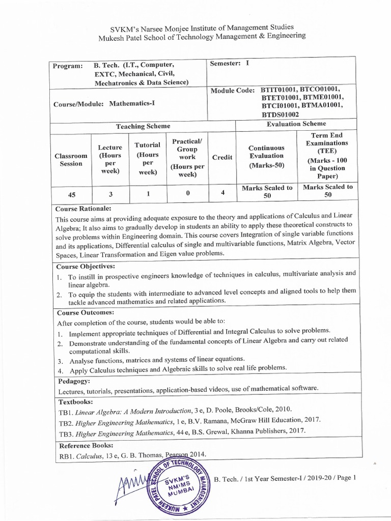 NMIMS B.-Tech.-First-Year - Syllabus - 2019-20 | PDF