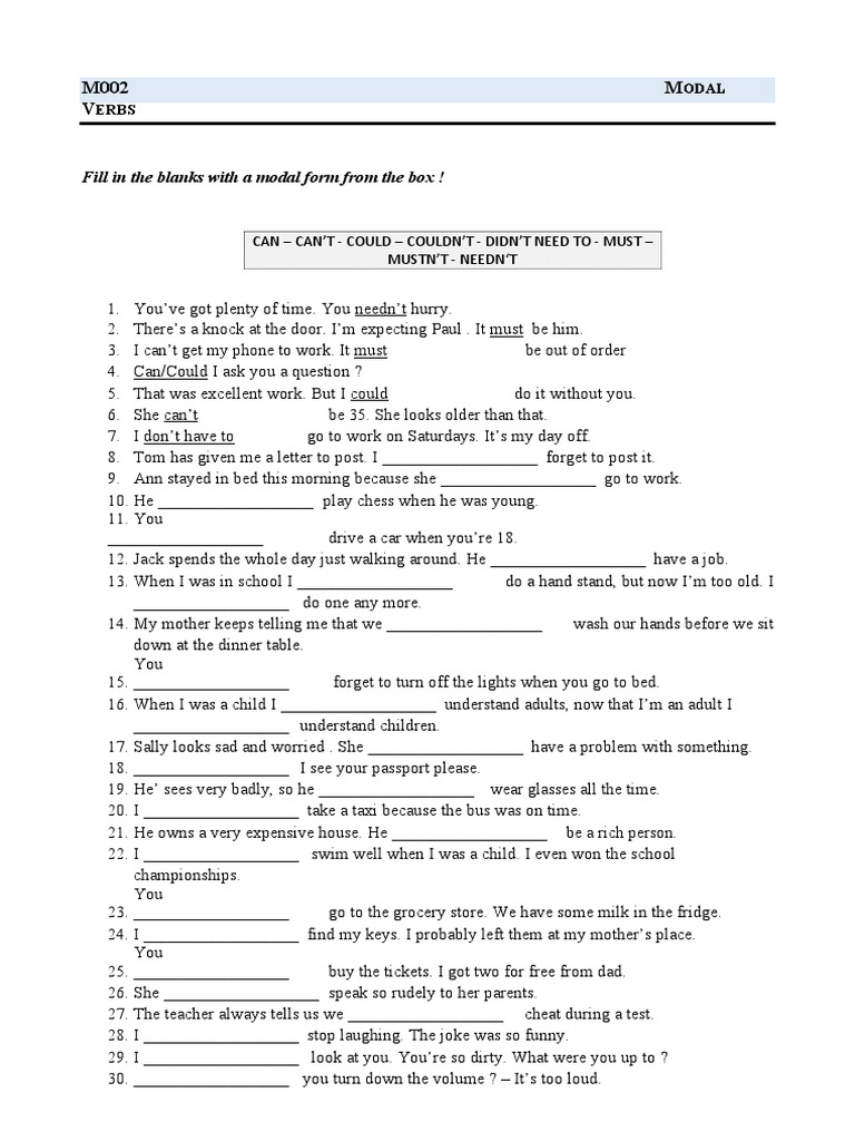 Modal Verbs Fill-in-the-Blanks Exercise | PDF
