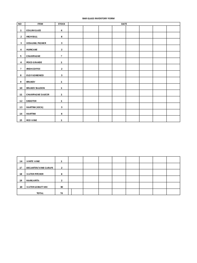 Bar Glass Inventory Form | PDF