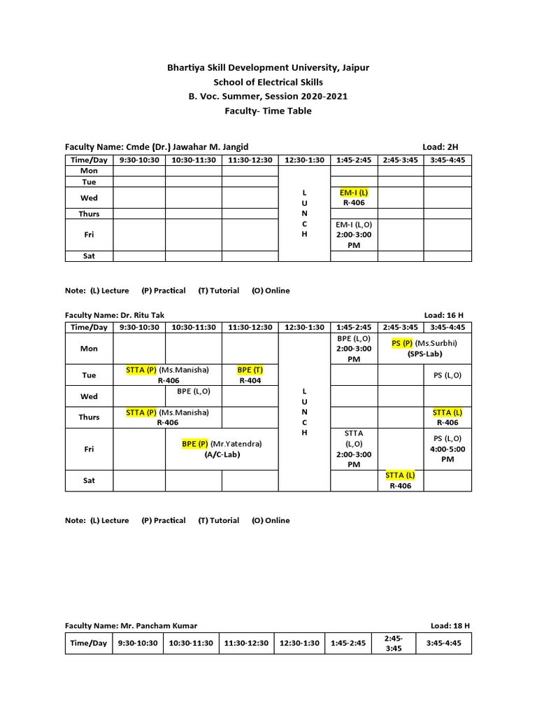 Bhartiya Skill Development University Faculty Timetable | PDF ...