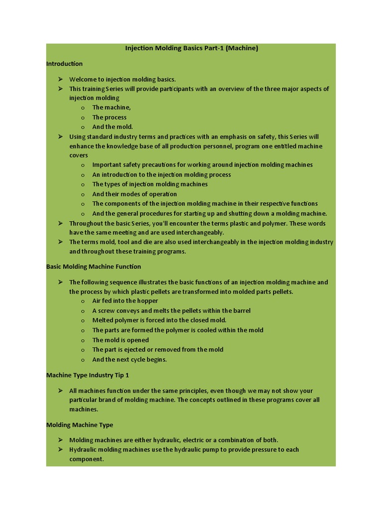 Injection Molding Basics Part-1 (Machine) | PDF | Thermoplastic | Polymers
