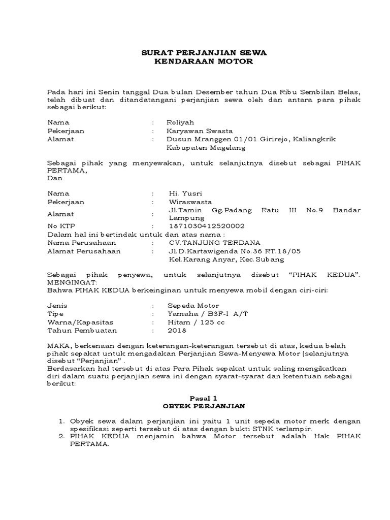 Surat Perjanjian Sewa Motor | PDF