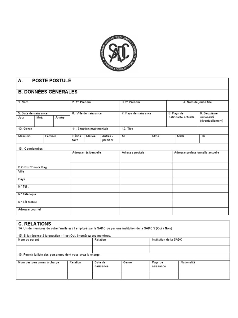 SADC Application Forms - French | PDF | Évolution de carrière