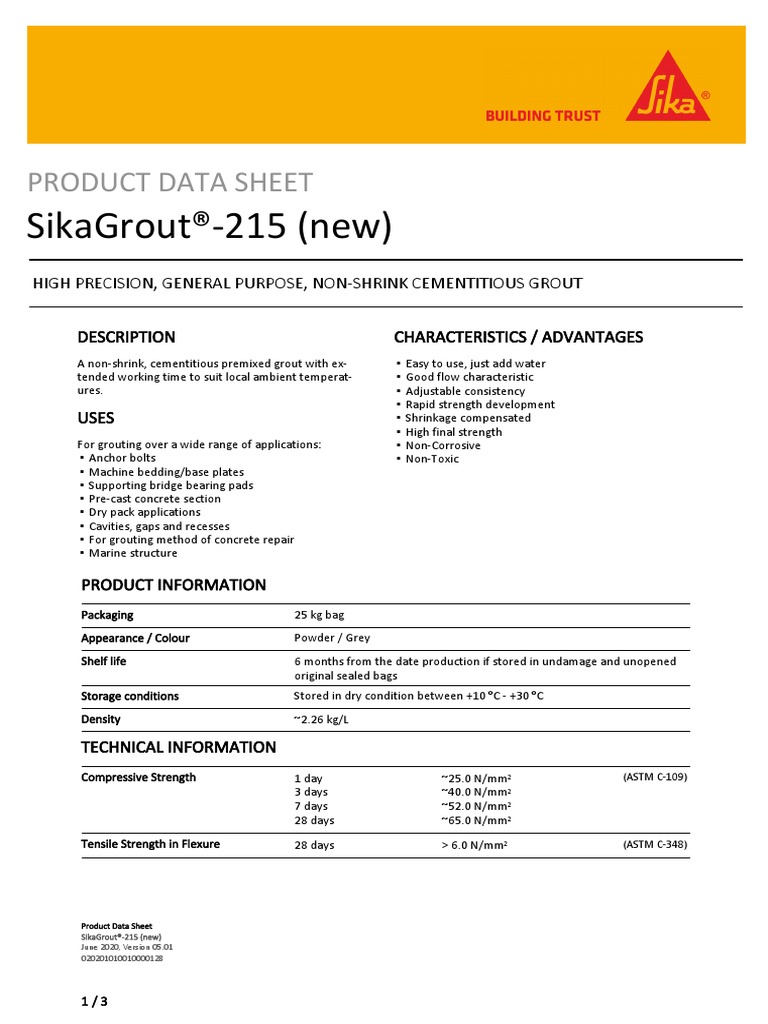 Sikagrout®-215 (New) : Product Data Sheet | PDF | Concrete | Water