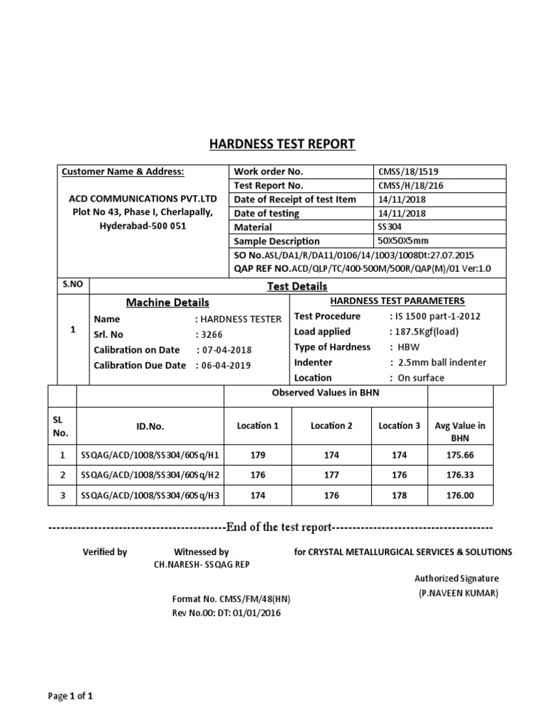 Hardness Test Report: Test Details Machine Details | PDF | Chemical ...