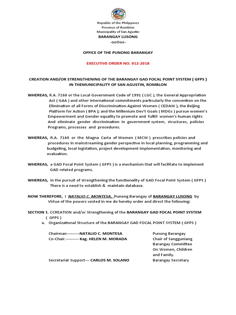 Creating a Gender Focal Point System in Barangay Lusong | PDF | Gender ...
