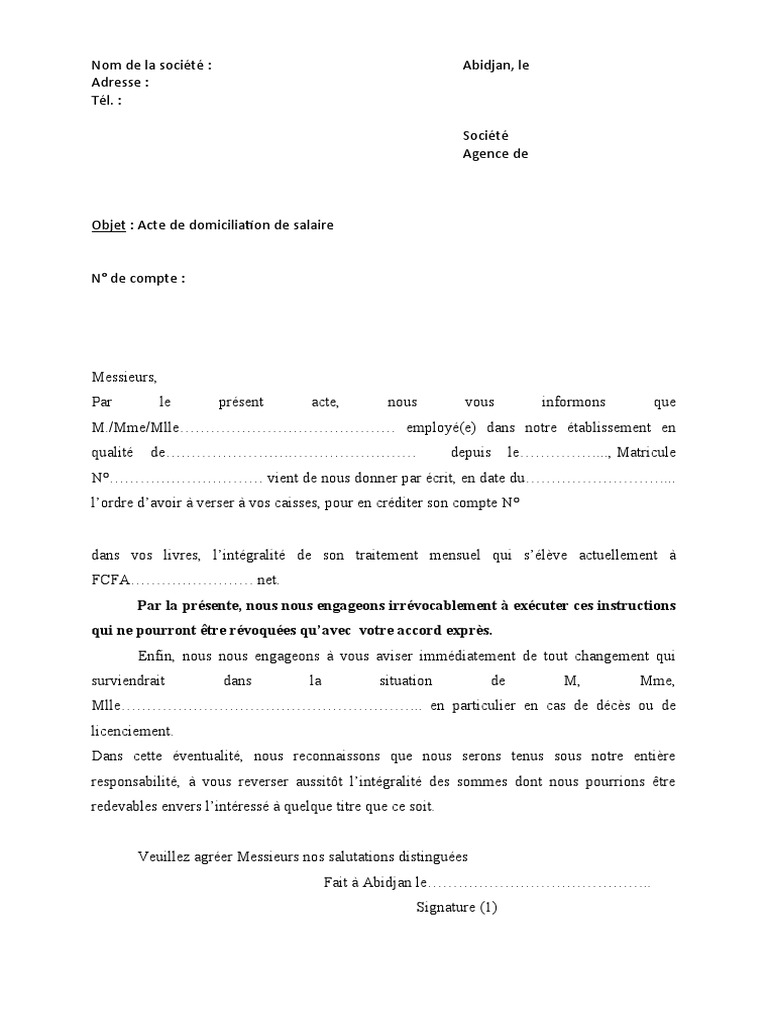 DOMICILIATION de Salaire NEW | PDF | Affaires | Finance et gestion ...