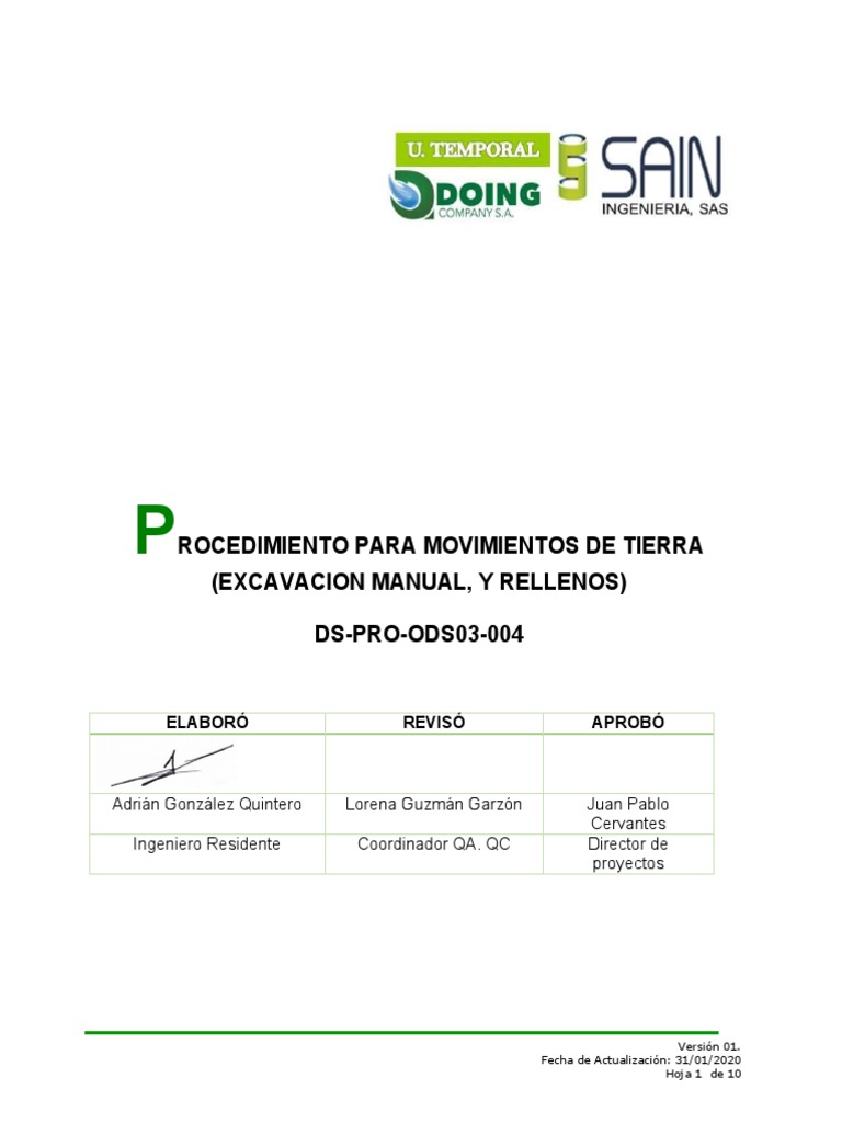Ds-Pro-Ods03-004 Movimiento de Tierras (Exc Manual y Rellenos) | PDF | Residuos | Planificación