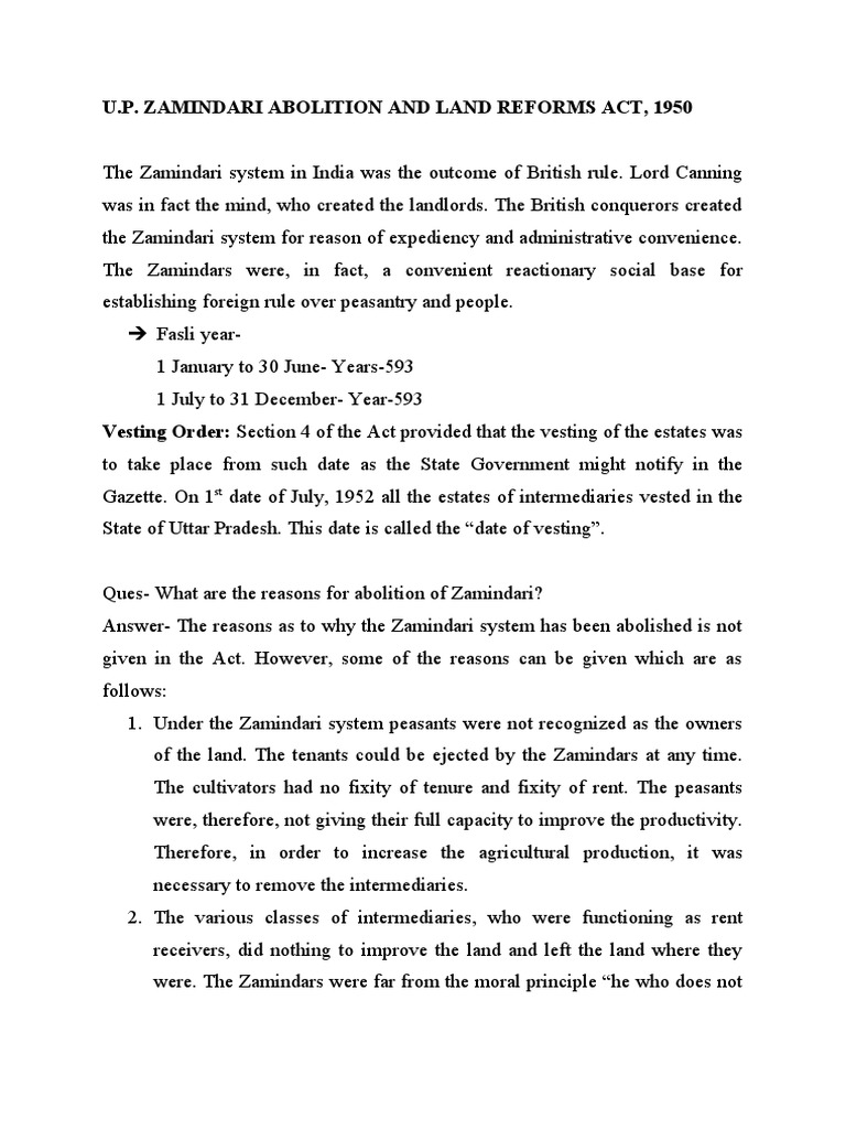 Abolishing the Zamindari System: An Analysis of the Key Provisions and ...