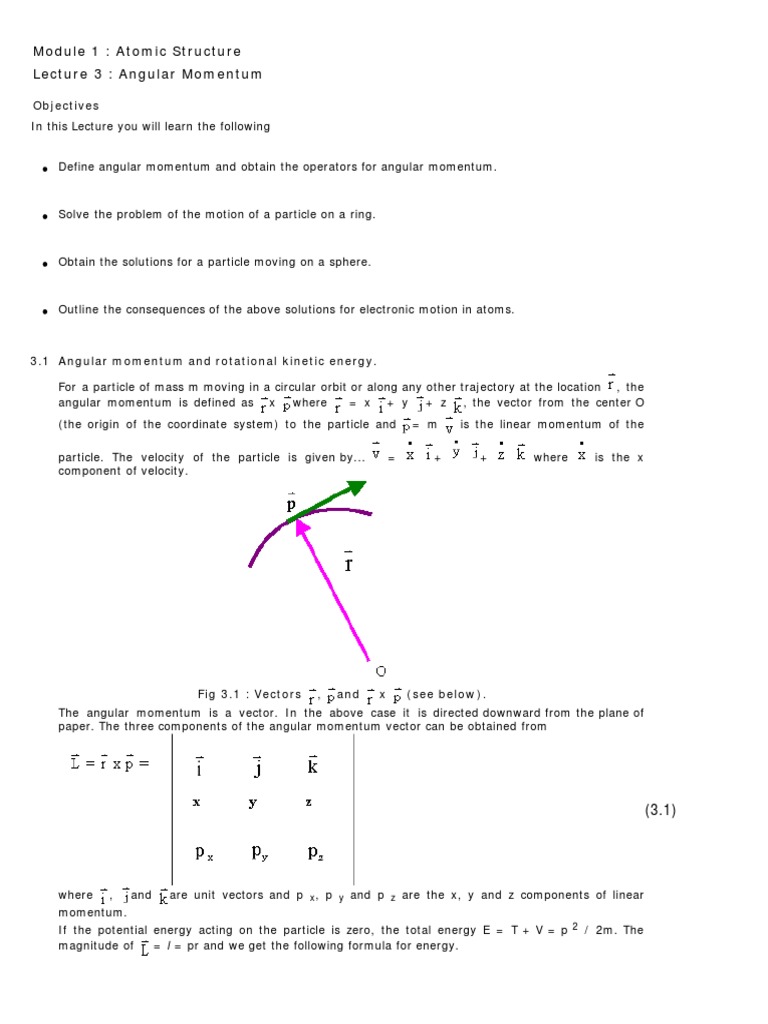 Module 1 Atomic Structure Lecture 3 Angular Momentum Objectives Pdf Angular Momentum