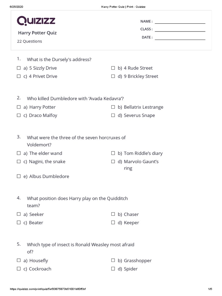 Harry Potter Quiz - Print - Quizizz | PDF | Fantasy Novel Series ...