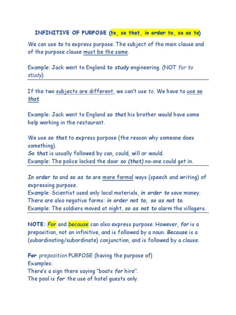 Infinitive of Purpose Explained | PDF | Syntax | Grammar
