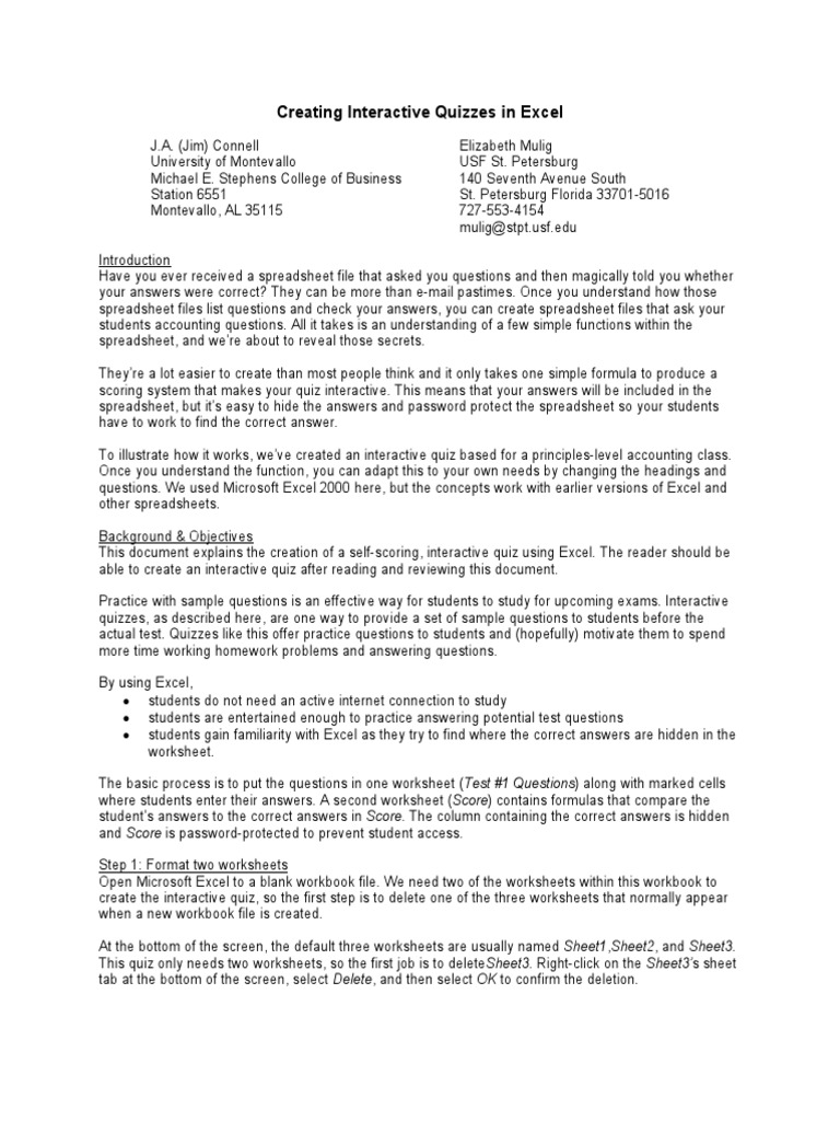 Creating Interactive Quizzes in Excel | PDF | Worksheet | Microsoft Excel