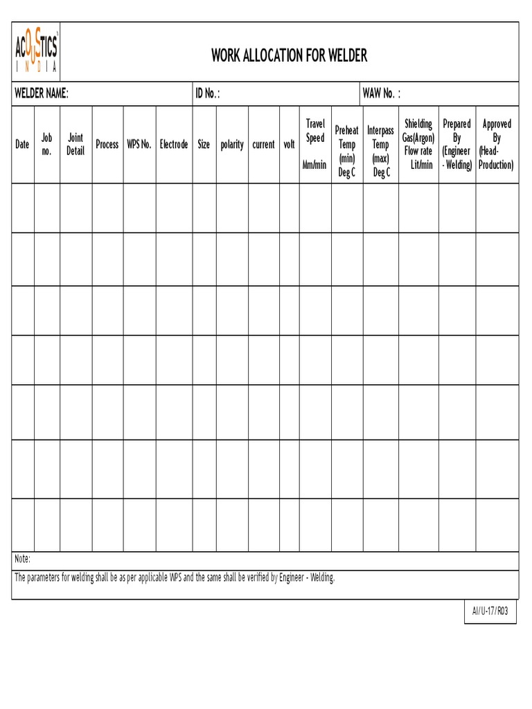 Welder Work Allocation Record | PDF
