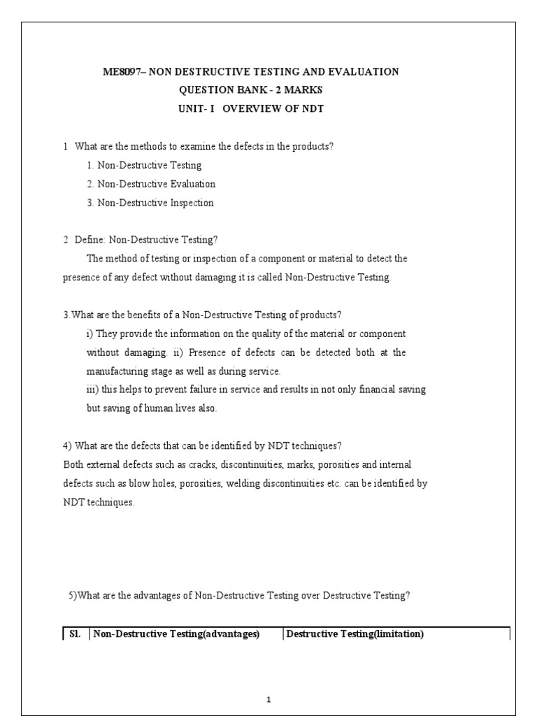 Me8097 - Non Destructive Testing and Evaluation Question Bank - 2 Marks ...