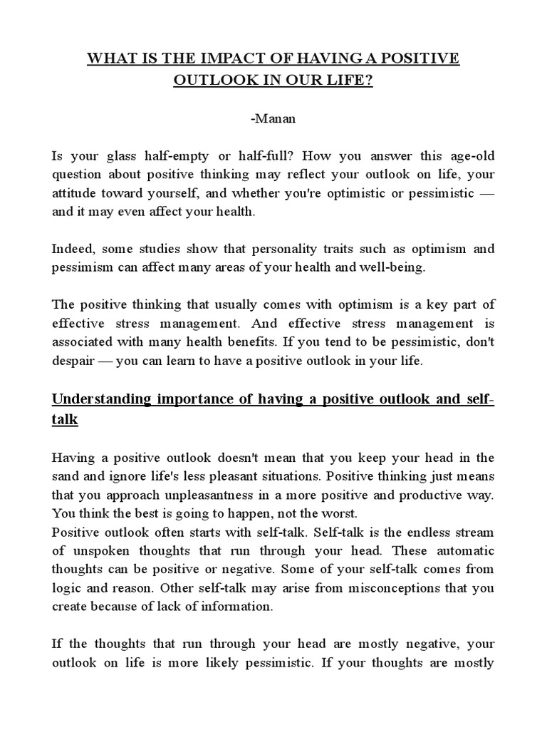 Positive Outlook in Our Life | PDF | Optimism | Social Psychology