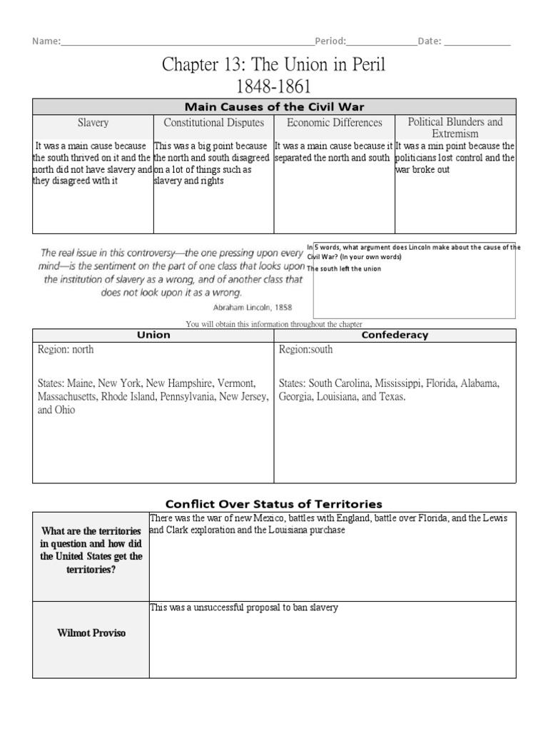 Chapter 13 Graphic Organizer | PDF | American Civil War | Dred Scott V ...