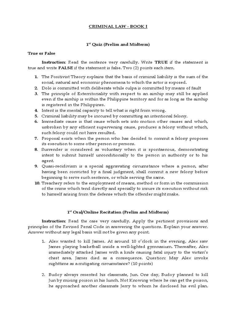 Criminal Law Book I Exam Questions | PDF | Fine (Penalty) | Criminal Law