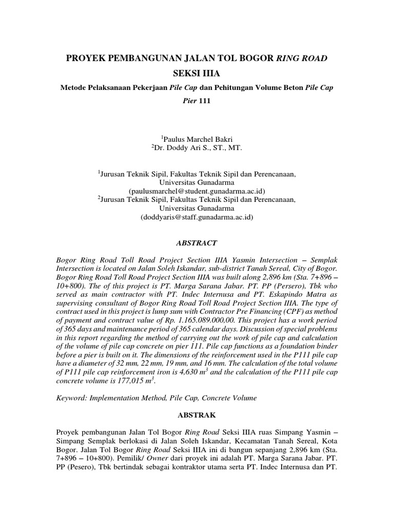 PROYEK PEMBANGUNAN JALAN TOL BOGOR RING ROAD SEKSI IIIA Metode Pelaksanaan Pekerjaan Pile Cap ...