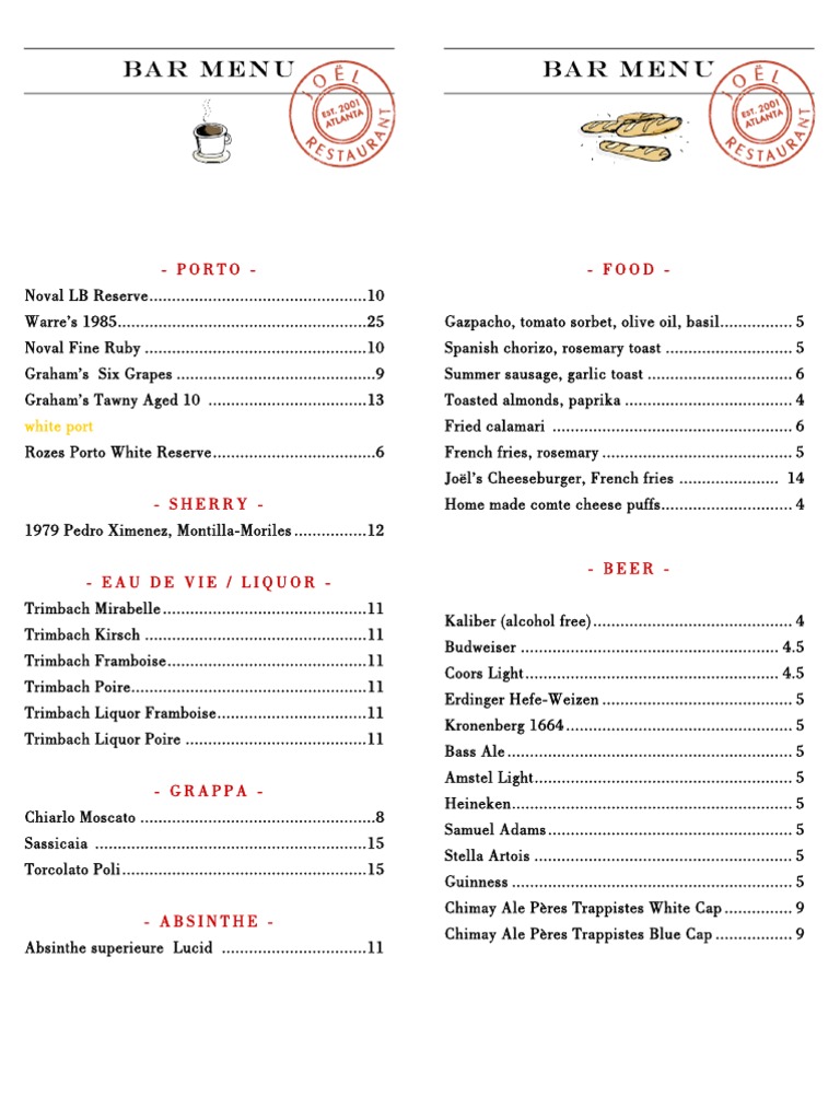 Menu Bar | Download Free PDF | Fermented Drinks | Wine