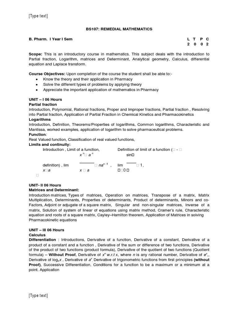 Remedial Mathematics for B. Pharm 1st Year | PDF | Matrix (Mathematics ...