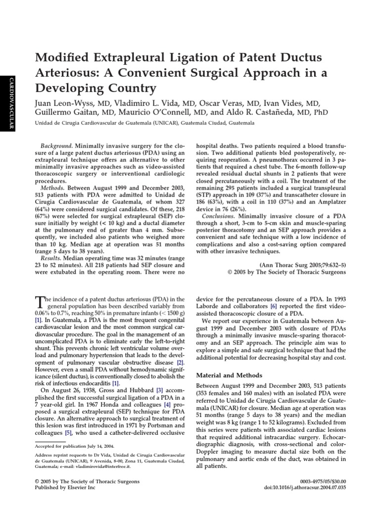 Modified Extrapleural Ligation of Patent Ductus Arteriosus: A ...