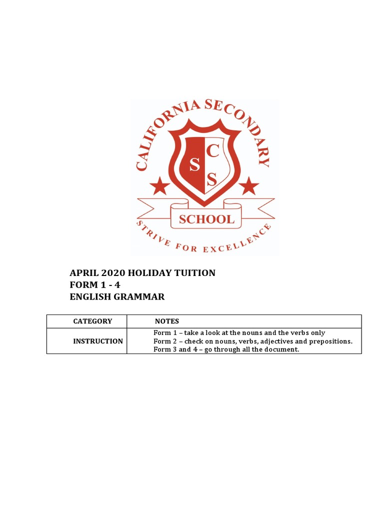 April 2020 Holiday Tuition Form 1 - 4 English Grammar: Category Notes ...