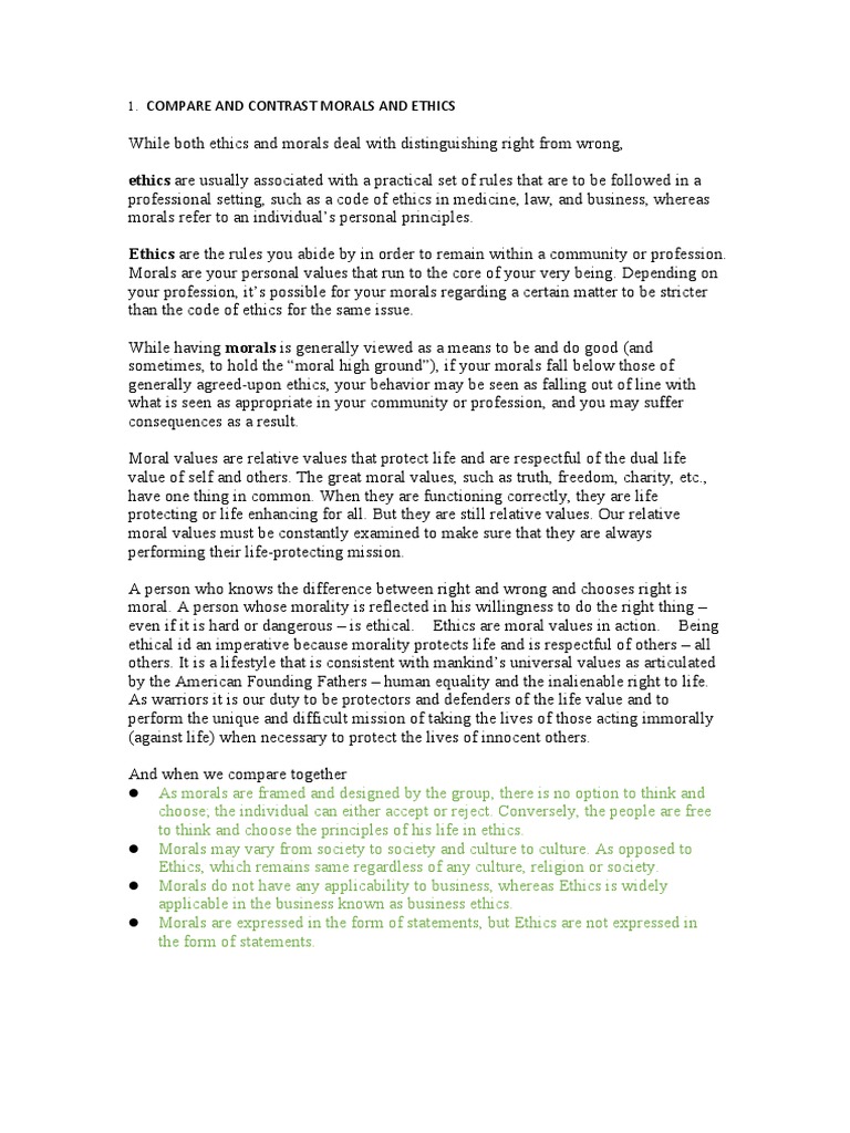 Compare and Contrast Morals and Ethics PDF | PDF | Value (Ethics) | Morality
