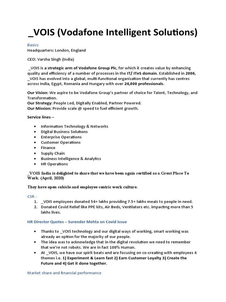 VOIS (Vodafone Intelligent Solutions) : Basics | PDF