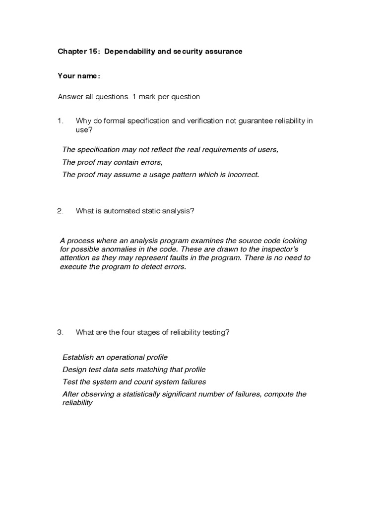 Answer All Questions. 1 Mark Per Question: Chapter 15: Dependability and Security Assurance ...