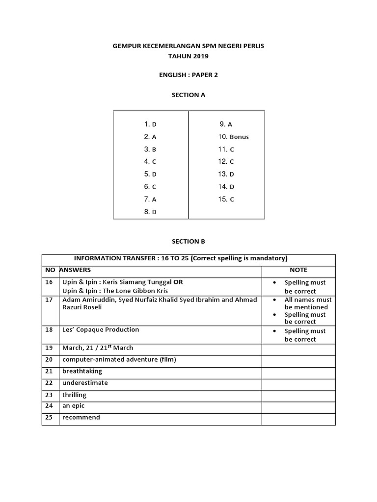 SPM TRIAL 2019 - Perlis - Mark Scheme P2 | PDF | English Language ...