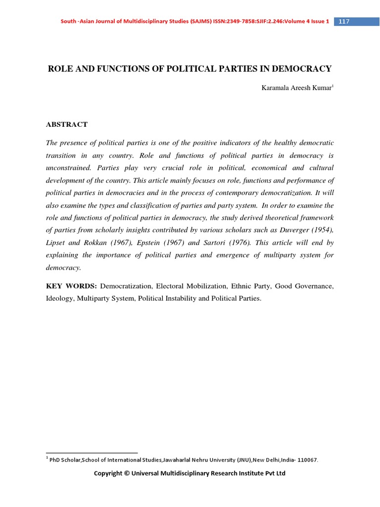 Role and Functions of Political Parties in Democracy | PDF | Elections ...