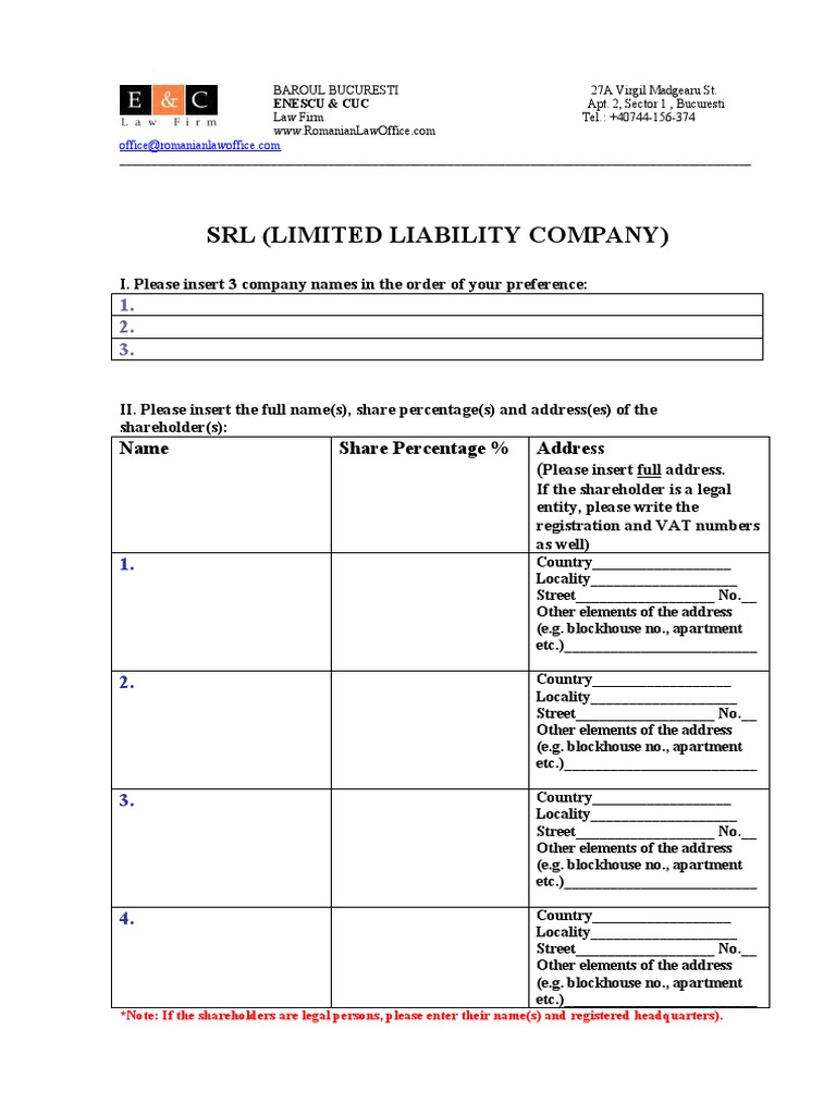 SRL (Limited Liability Company) : Name Share Percentage % Address ...