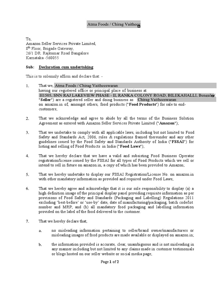 FSSAI Declaration 1 | PDF | Food Safety | Packaging And Labeling