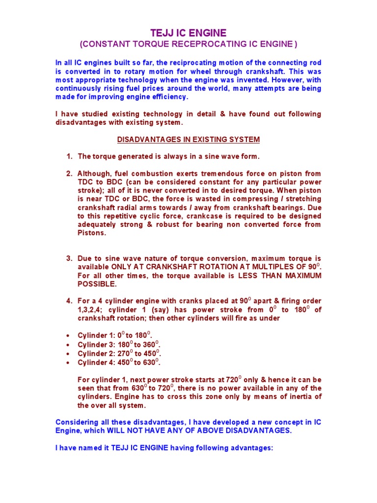 TEJJ IC ENGINE (Constant Torque IC Engine) Patent Applied For | PDF ...