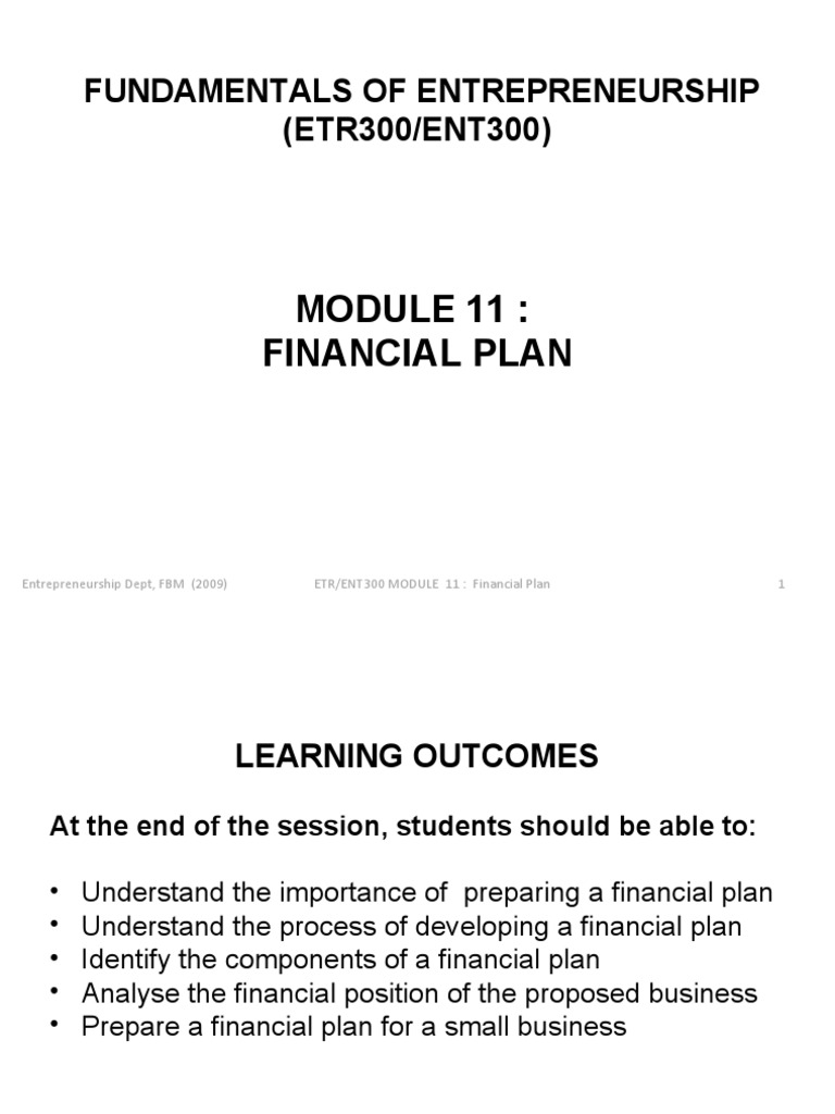 ENT300 - Module 11 - FINANCIAL PLAN | PDF | Balance Sheet | Equity (Finance)