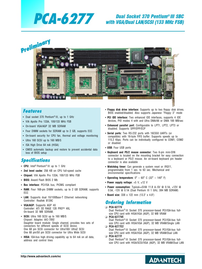Preliminary: Dual Socket 370 Pentium Iii SBC With Vga/Dual Lan/Scsi ...