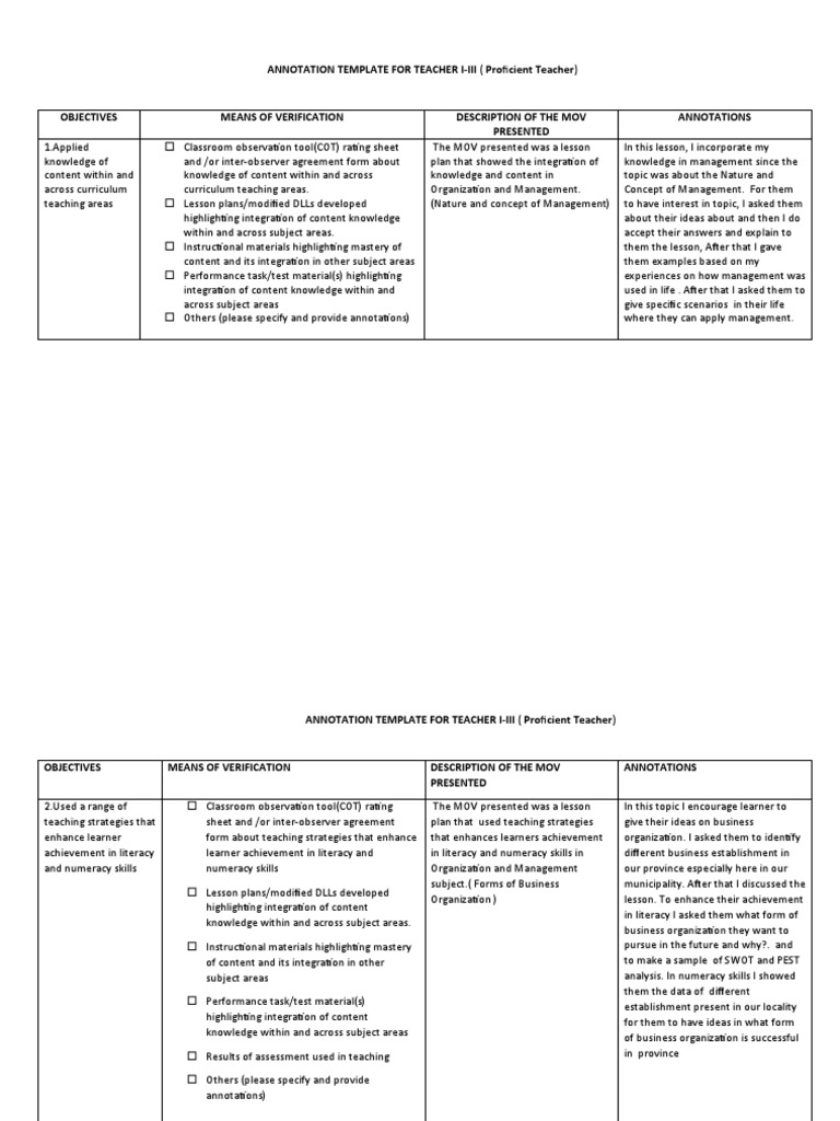 Annotation Template For Teacher I | PDF | Lesson Plan | Teachers