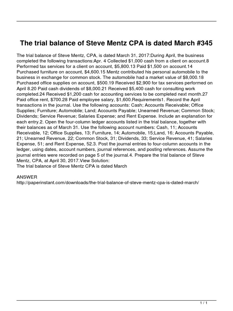 The Trial Balance of Steve Mentz Cpa Is Dated March PDF | PDF | Revenue ...