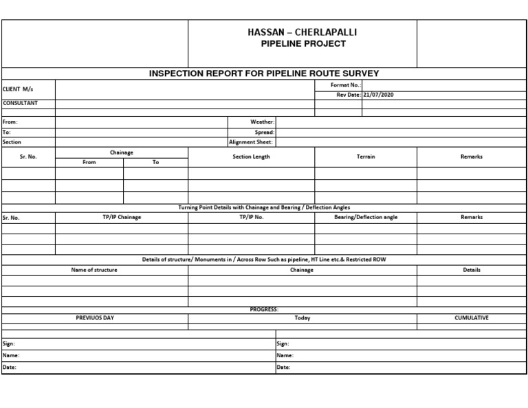 Inspection Report For Pipeline Route Survey Sign Copy and Blank Format ...