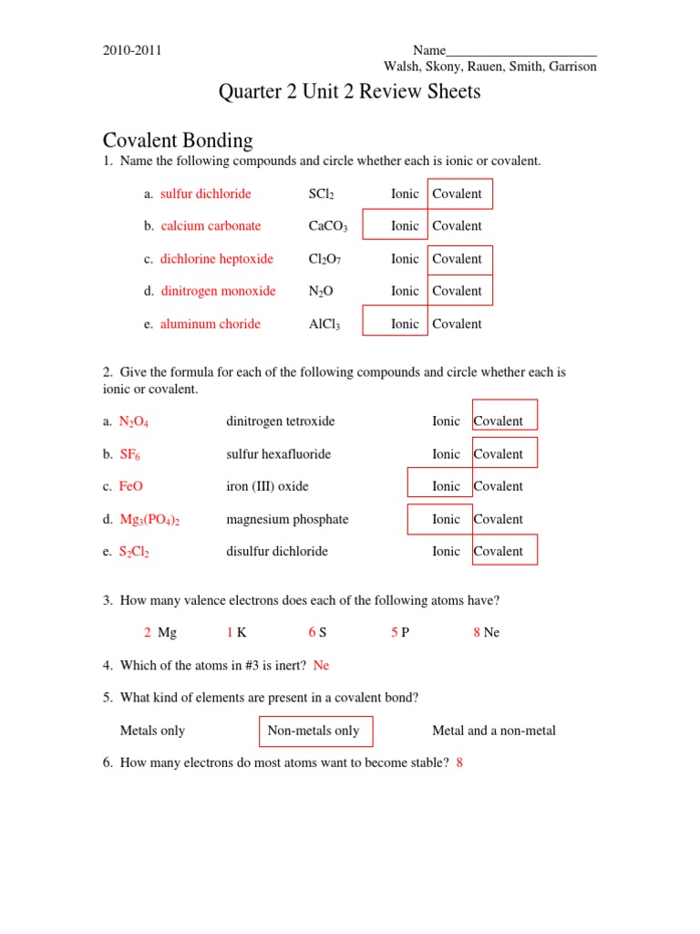 Quarter 2 Unit 2 Review Sheets Covalent Bonding | PDF | Chemical ...