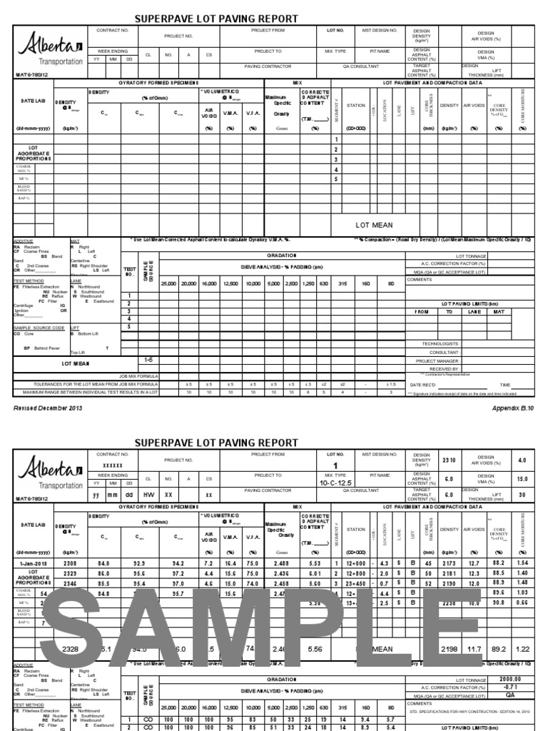 Superpave Lot Paving Report: Gyratory Formed Specimens MIX Lot Pavement ...
