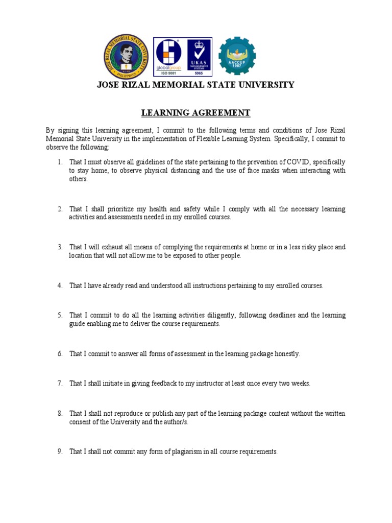 Jose Rizal Memorial State University Learning Agreement | PDF