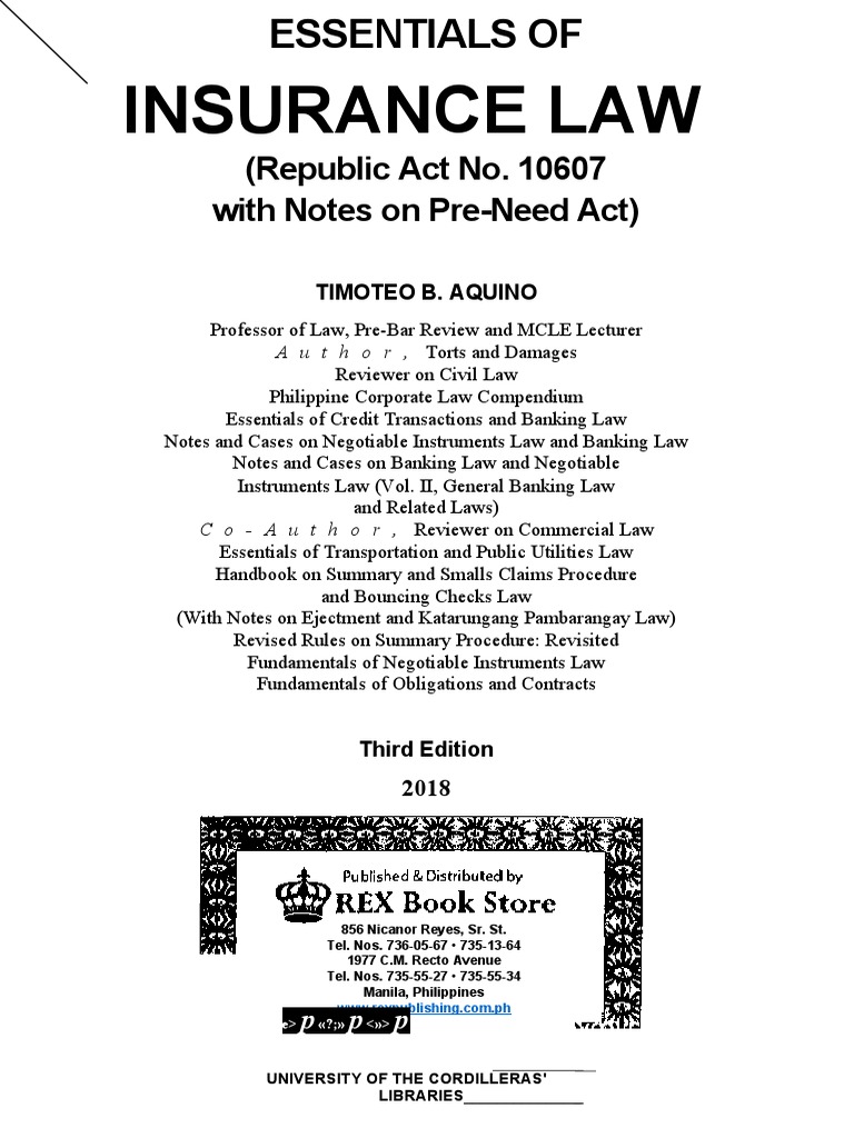 Insurance Law Aquino 2018 | PDF | Reinsurance | Insurance