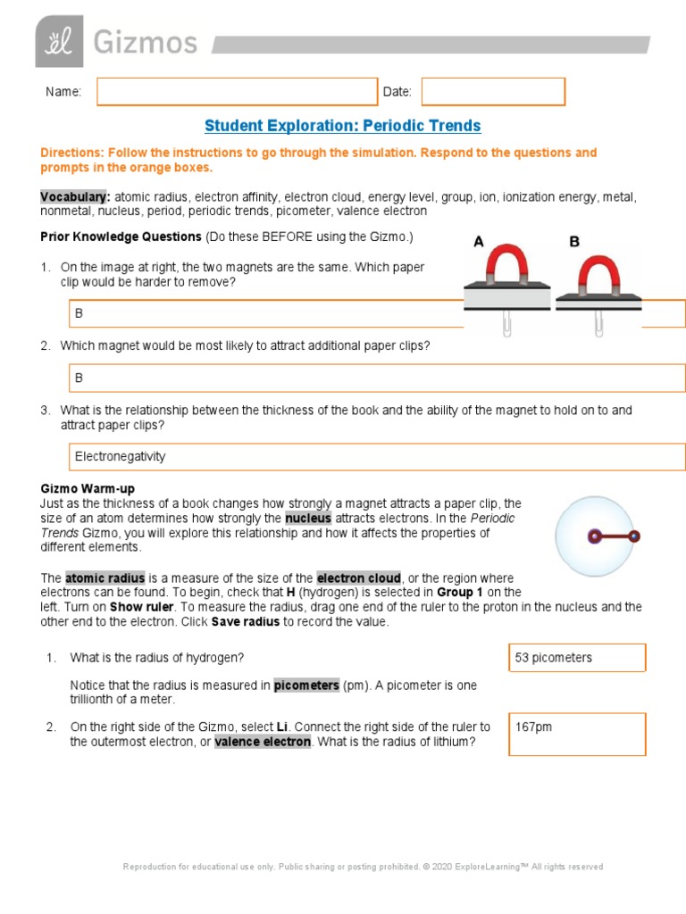 Student Exploration: Periodic Trends | PDF | Ion | Periodic Table