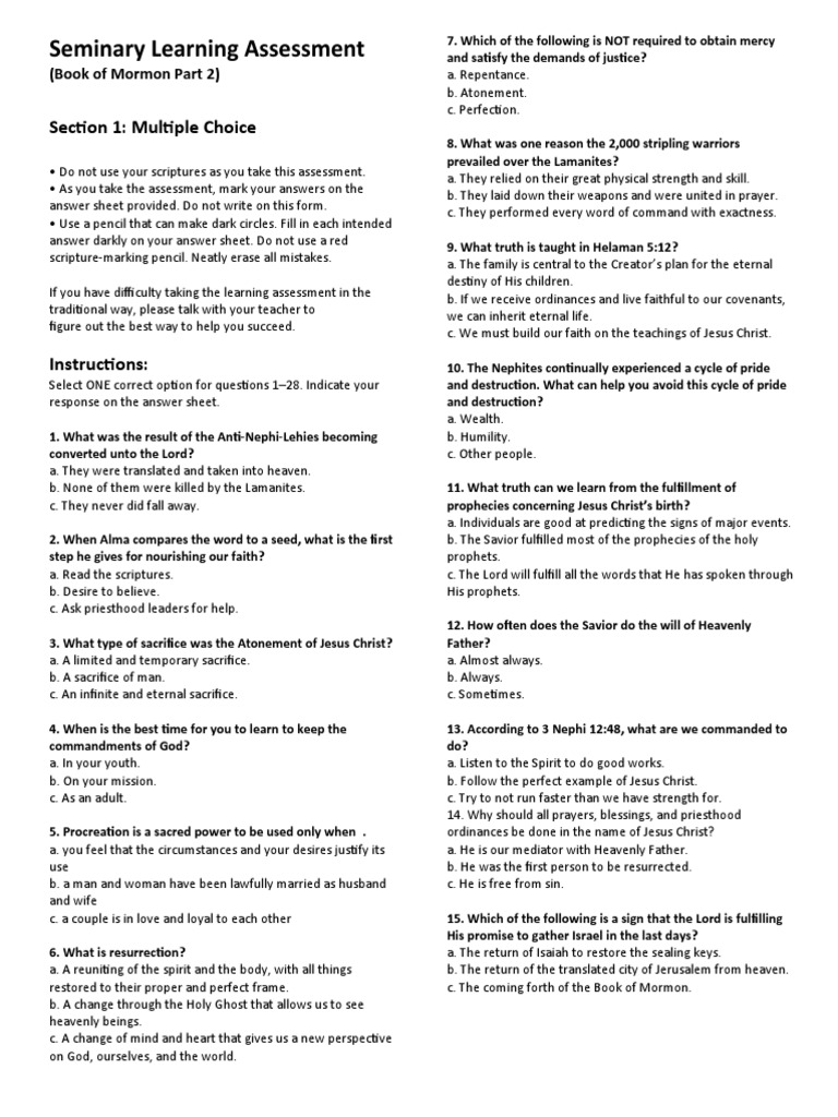 Seminary Learning Assessment: Section 1: Multiple Choice | PDF | Book ...